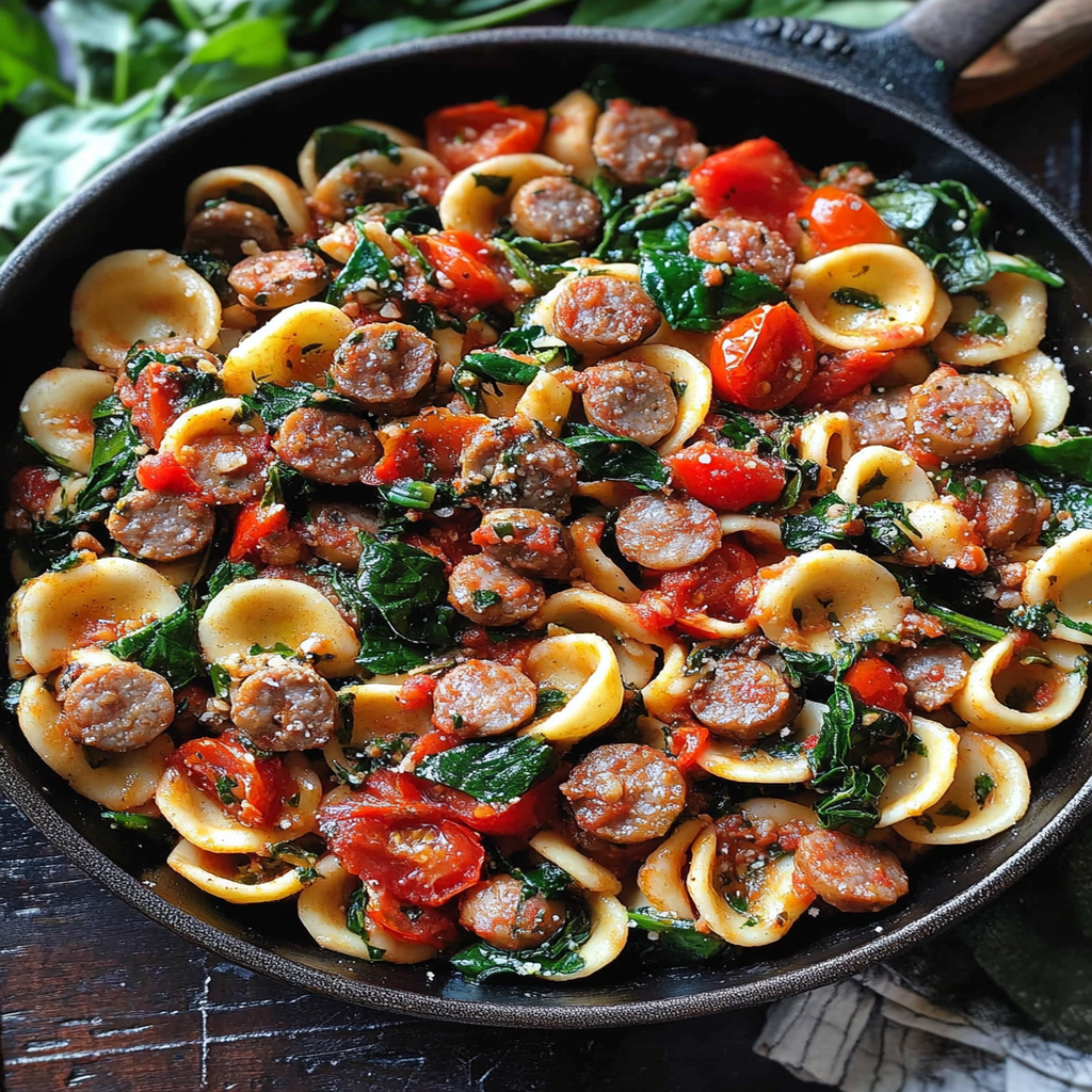 Sausage Orecchiette with Spinach and Tomatoes