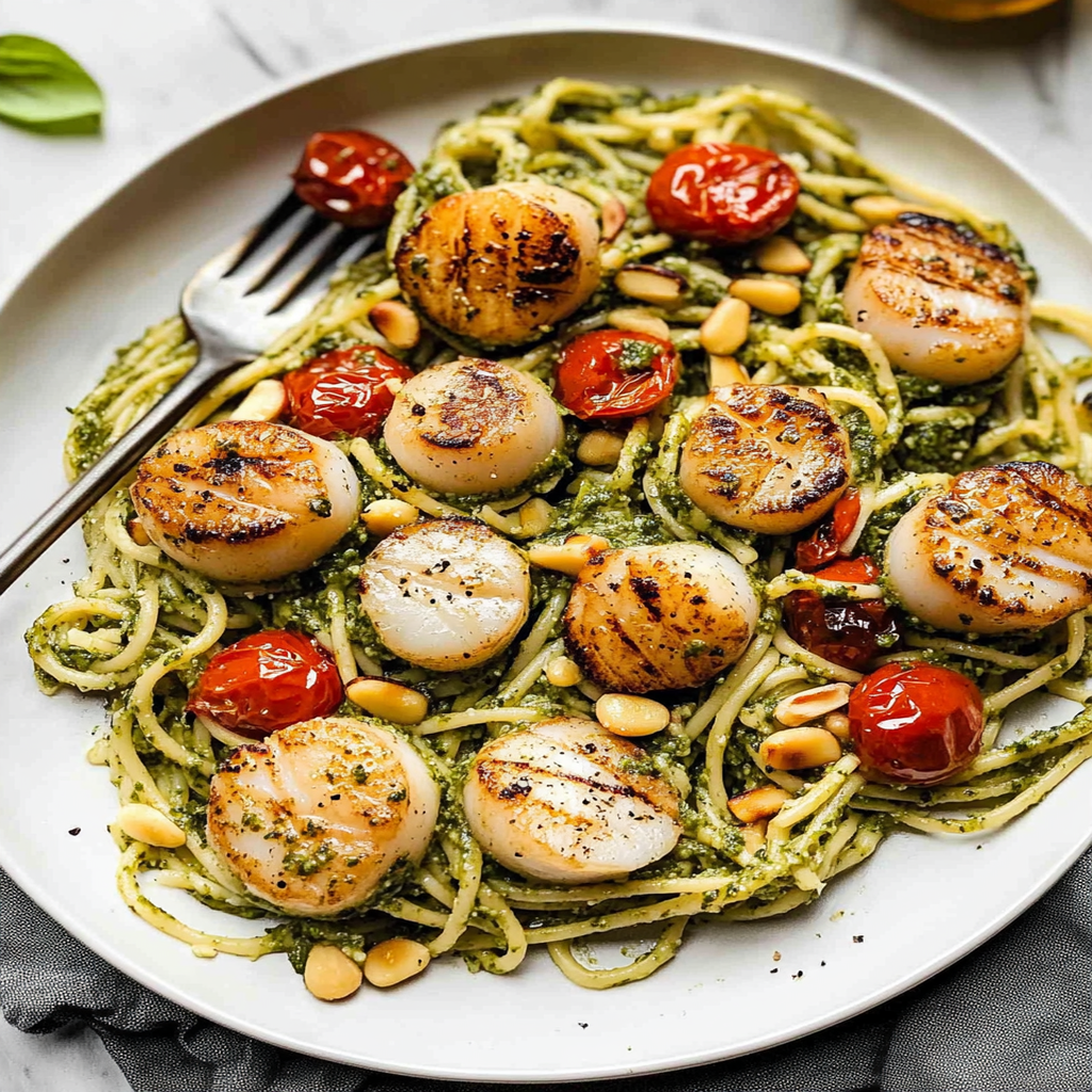 Seared Scallop Pesto Pasta with Pine Nuts & Roasted Tomatoes